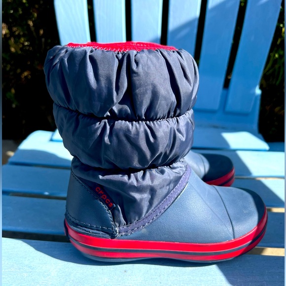 CROCS | Shoes | Crocs Winter Puffy Snow Or Rain Boots Navy And Red Sz ...